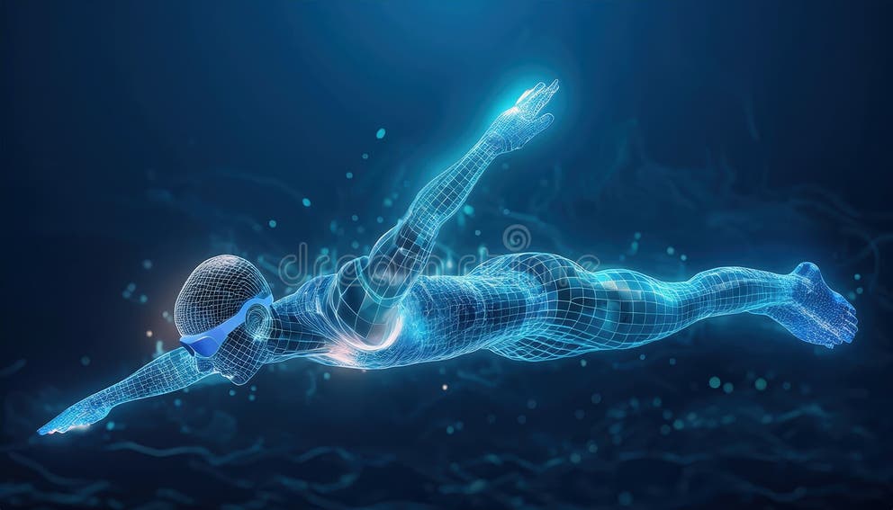 Swimming Figure in Wireframe Style with Blue Background Showcasing ...