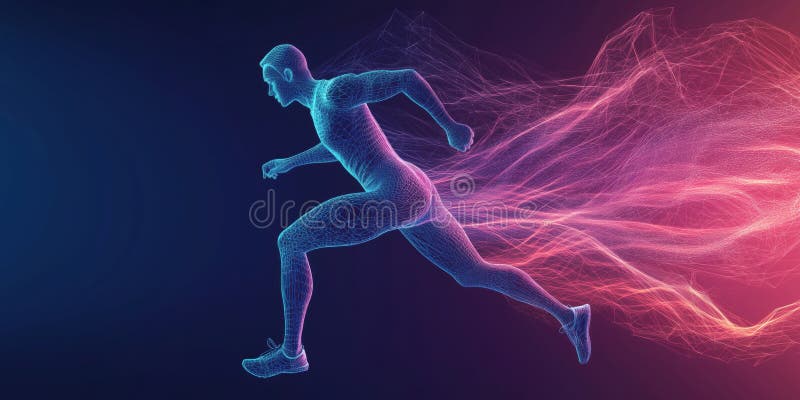 Dynamic Wireframe Runner in Motion with Colorful Energy Trails Stock ...