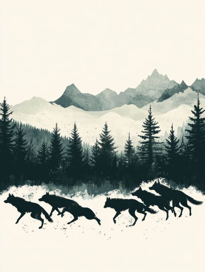 Wolf Pack in Motion Across Pine Silhouettes and Mountain Shadows at ...