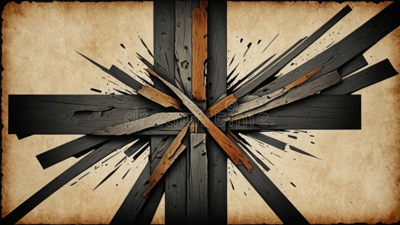 Dynamic Wooden Cross Design with Scattered Debris, Set on a Parchment ...