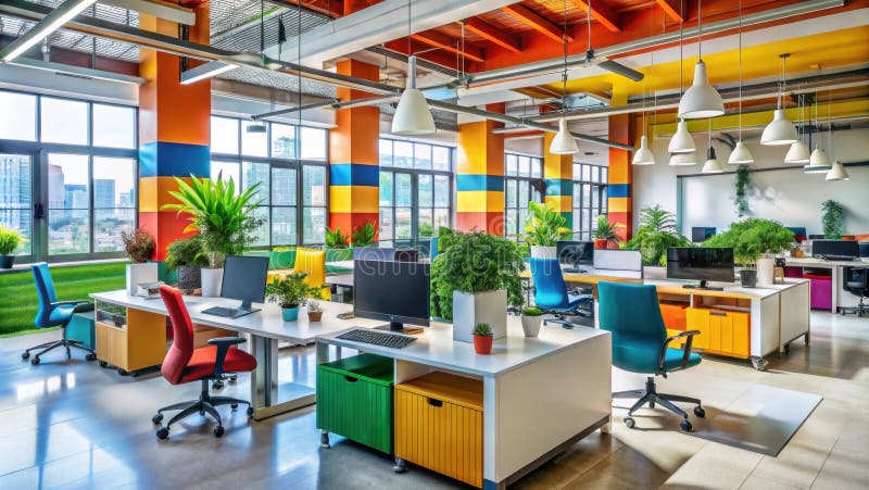 A Dynamic Work Environment with an Open Layout and Vibrant Colors Stock ...