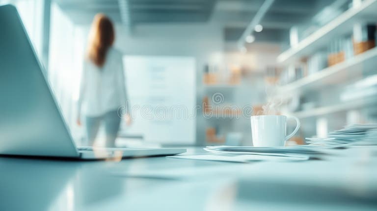 Dynamic Workspace with a Laptop, Coffee Cup, and Documents in a Clean ...
