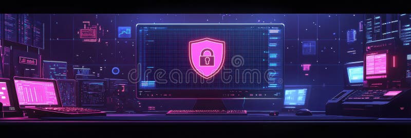 A Dynamic Workstation Features a Computer Displaying a Shield and Lock ...