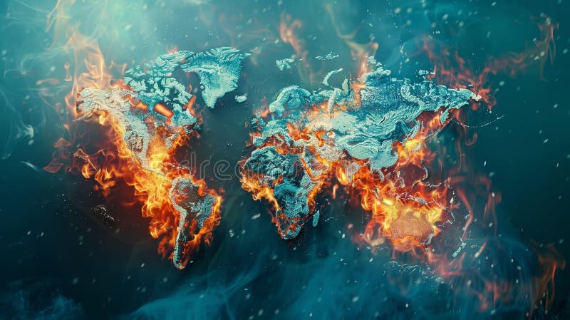Dynamic World Map of Fire and Ice Representing Climate Change and ...