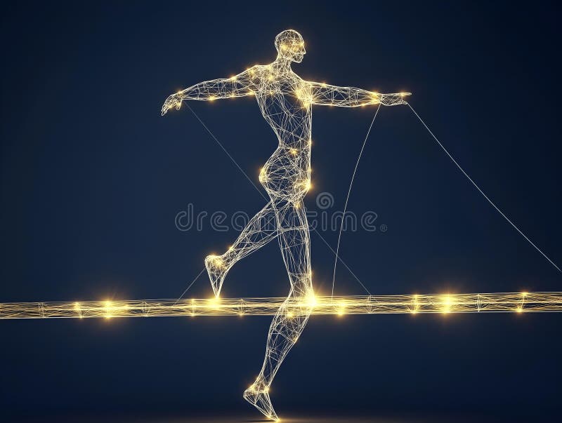 A Yellow Wireframe Figure in a Dynamic Pose on One Leg, Balancing on a ...