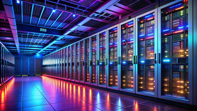 Dynamically Lit Server Racks in a Futuristic Data Center Illuminating ...