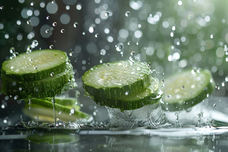 Dynamism and Freshness: Zucchinis in Flight with Water Splashes Stock ...
