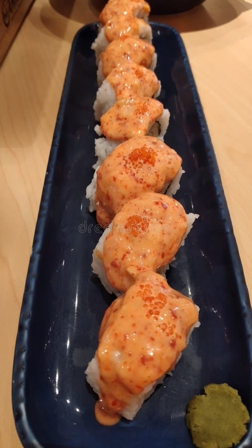 Dynamite Sushi Roll with Mentai Sauce Stock Image - Image of sushi ...