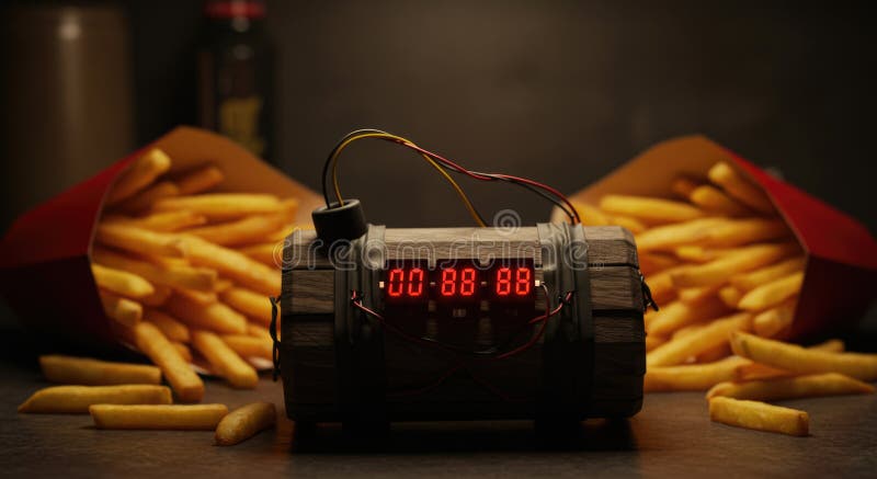 Dynamite Timer with French Fries in Fast Food Setting Stock Photo ...