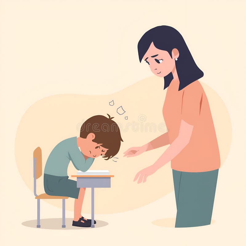 Sad Child with Teacher. Symbolic Concept of Learning Disorders, Reading ...