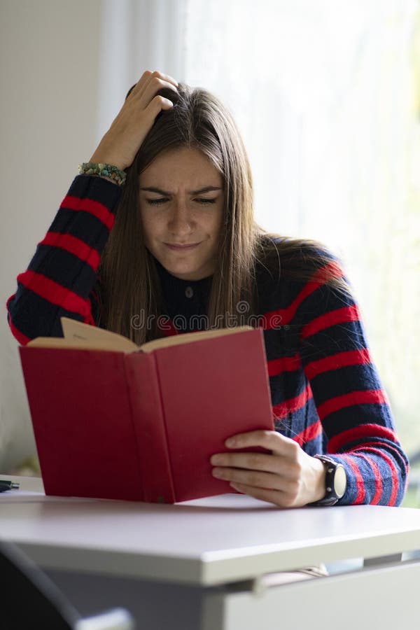 Dyslexic Adult Girl Concept. Difficulty in Reading Book Stock Image - Image of literature ...