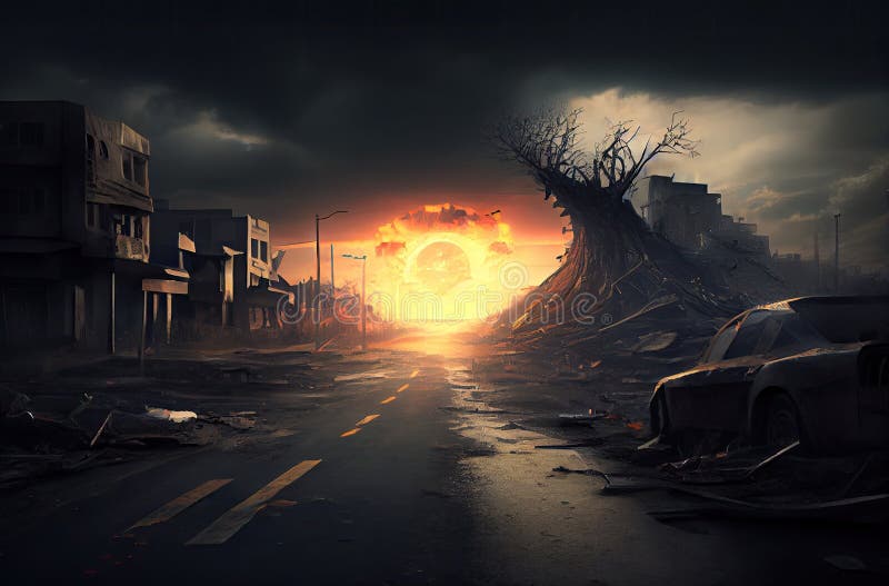 Apocalyptic Landscape: Cinematic Power Plant Ruins in a Cityscape Stock ...