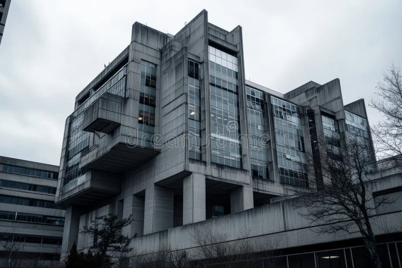 A Dystopian Brutalist Government Building, with Cold, Gray Monolithic ...