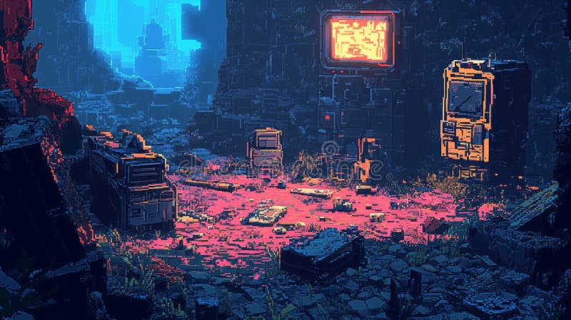 Dystopian Cityscape Pixel Art with Glowing Elements in Dark Futuristic ...