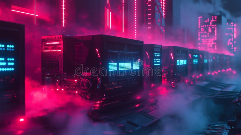 Dystopian Crypto Mining Farm Illuminated by Neon Lights and Surrounded ...