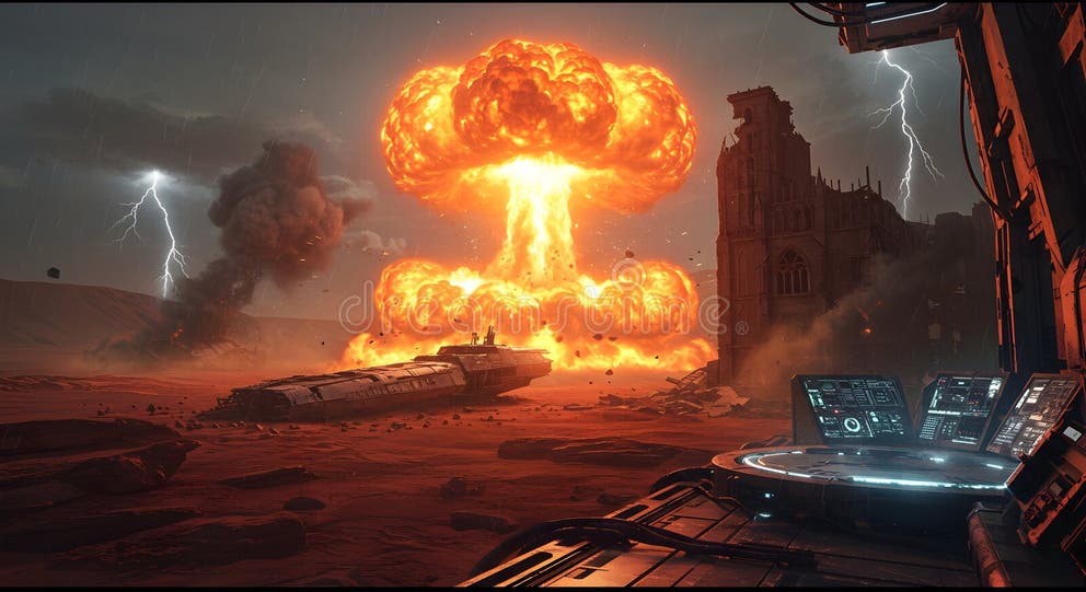Dystopian Future Landscape with Massive Explosion and Technological ...
