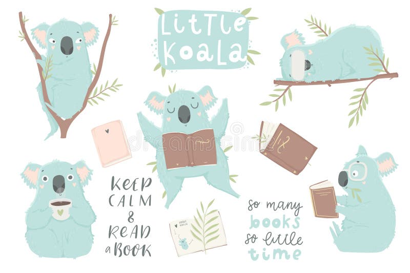 Cute Hand Drawn Blue Koala Illustration Set Vektor Abbildung ...