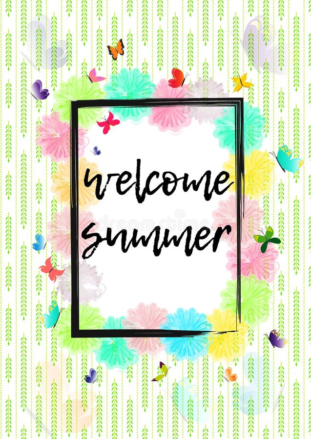 Welcome Summer Poster Background Leaves Vine Frame Butterflies Flowers ...