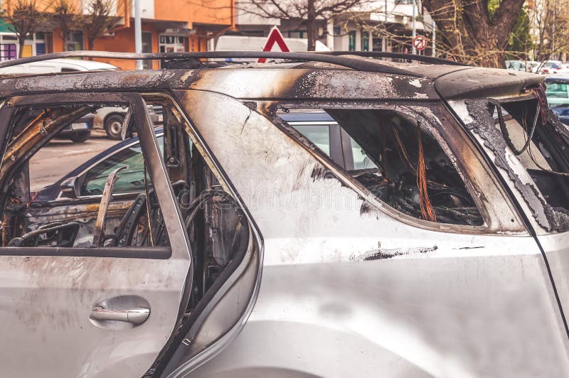 Total Damage on New Expensive Burned Car in Fire on the Parking Lot ...