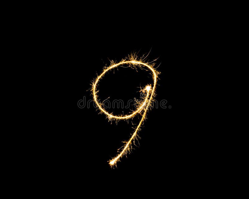 Numbers 9 or Nine Sparkler Firework Light Isolated on Black Background ...