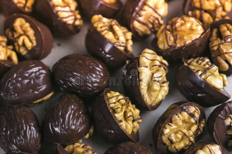 Beautiful Tasty Chocolates Handmade Candies with Walnuts on Bakers ...