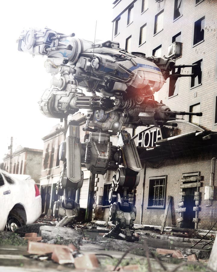 Robot Futuristic Mech Weapon with Full Array of Guns in a City of Ruins ...
