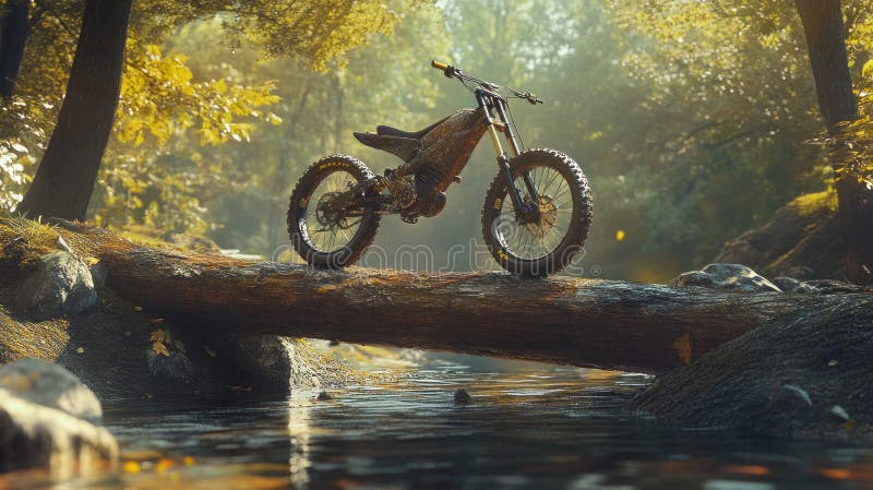 E-bike on log over stream stock photo. Image of cycling - 383126208
