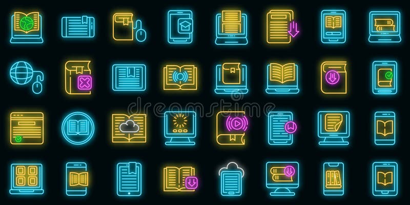 E-book Application Icons Set Vector Neon Stock Illustration ...