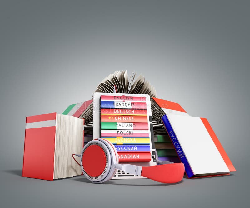 E-book Audio Learning Languages and Books 3d Render on Grey Grad Stock ...