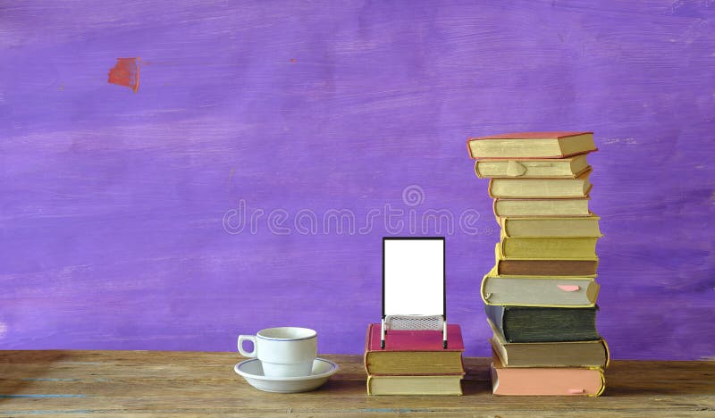 E-book Concept, with Stack of Books,E-book Reader with Blank Screen and ...