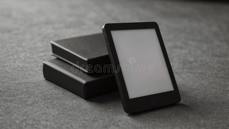 E-book Reader with a Blank Screen Leaning Against Stacked Black Books ...