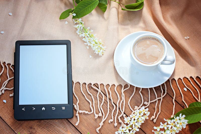 The E-book Reader and Coffee on a Wooden Table Stock Image - Image of ...