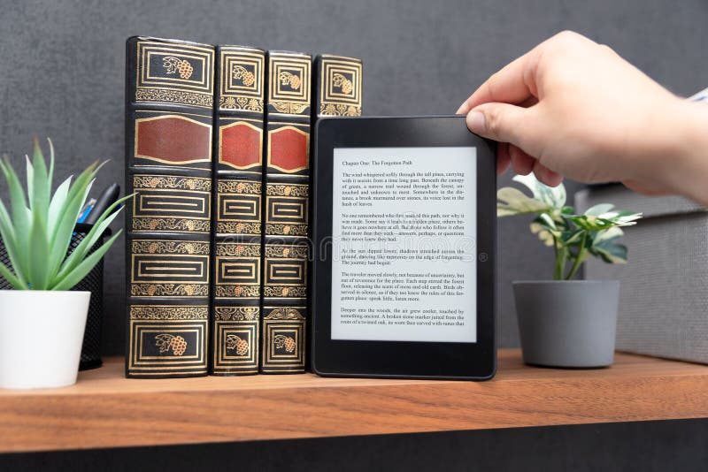 E-book Reader Device on Desk in Library Stock Photo - Image of word ...