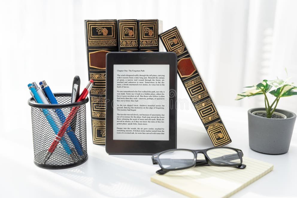 E-book Reader Device in Home Library Stock Image - Image of library ...