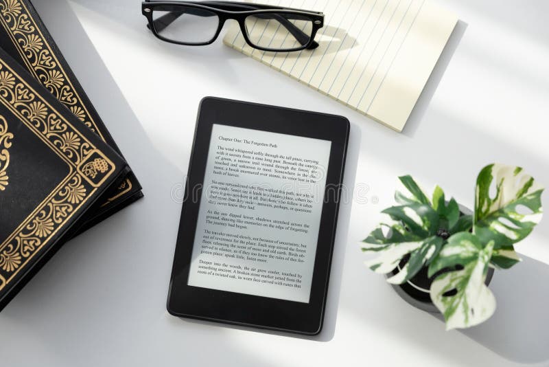E-book Reader Device on Desk in Library Stock Photo - Image of word ...