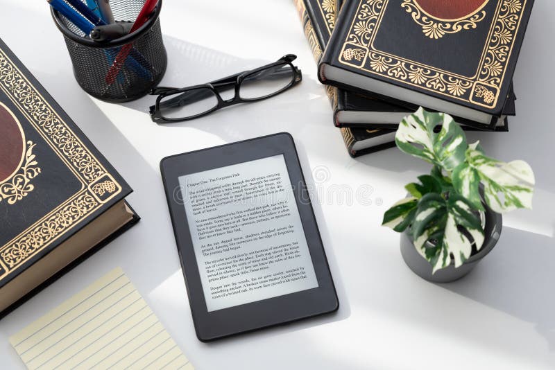 E-book Reader Device on Desk in Library Stock Photo - Image of word ...