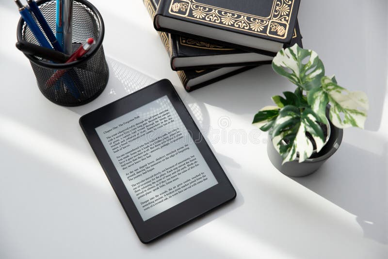 E-book Reader Device in Home Library Stock Image - Image of view ...