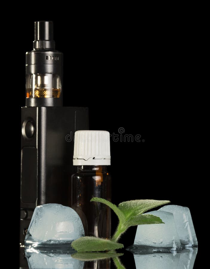 E-cigarette, Liquid for Smoking, Ice Cubes and Mint Isolated on Black ...
