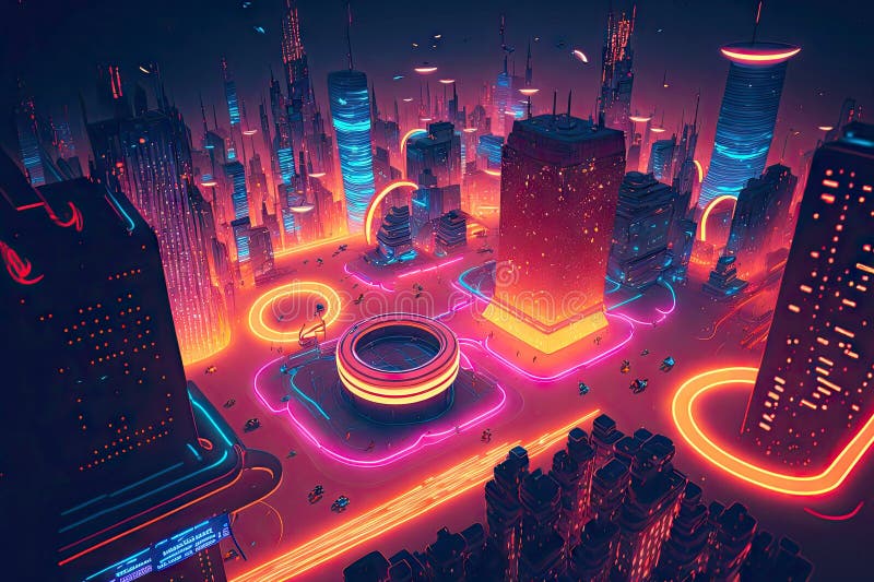 E Cities with 3d Render Neon Illumination and Flying Objects Stock ...