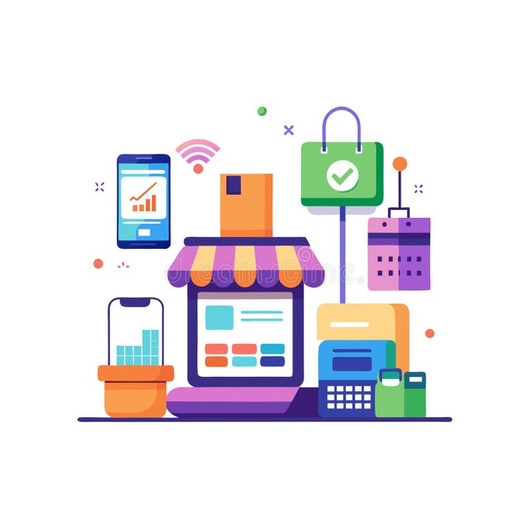E-commerce Business Illustration: Online Store, Mobile Commerce, Payment Systems, and Data ...
