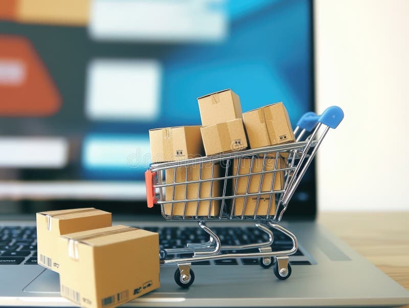 E-commerce Concept. Miniature Shopping Cart Full of Plain Brown Boxes ...