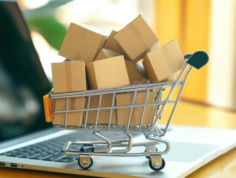 E-commerce Concept. Miniature Shopping Cart Full of Plain Brown Boxes ...