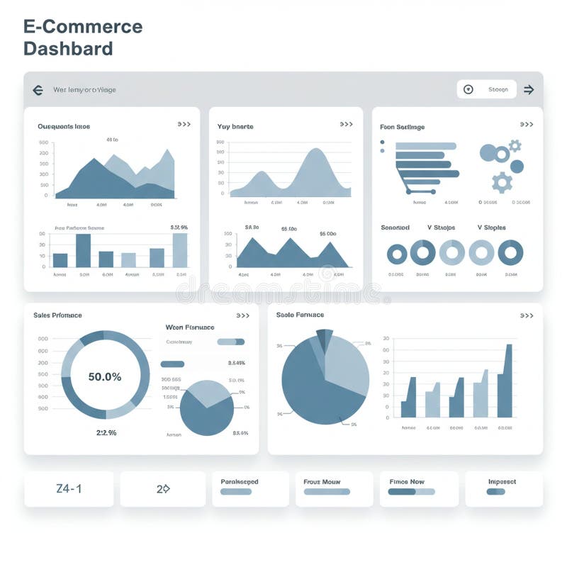 E-commerce Dashboard Displaying Various Data Visualizations. Includes Line Graphs, Stock ...