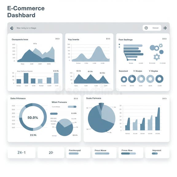 E-commerce Dashboard Displaying Various Data Visualizations. Includes Line Graphs, Stock ...