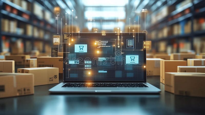 E Commerce Dashboard on Laptop with Shipping Boxes in a Warehouse ...