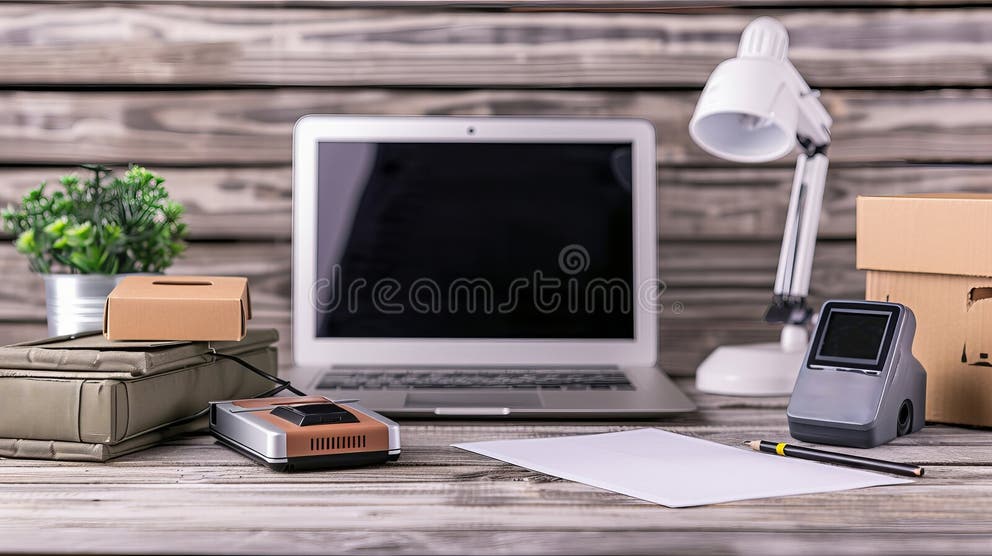 E-commerce Desk Setup with Barcode Scanner and Packages Stock ...