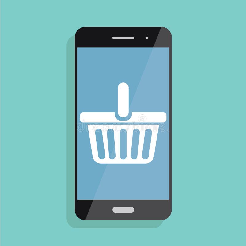 E-commerce Flat Design Concept. Cart Icon. Using Mobile Smart Phone for ...