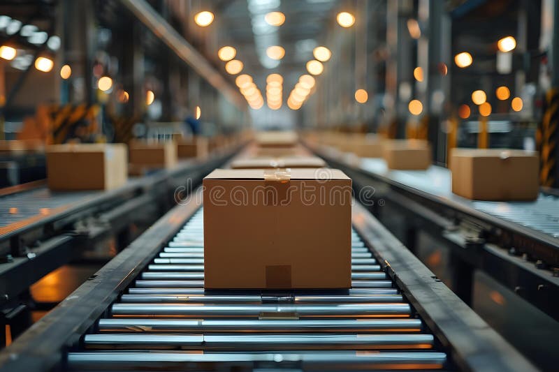 E-commerce Flow: Boxes on Conveyor Belt in Warehouse. Concept Warehouse ...