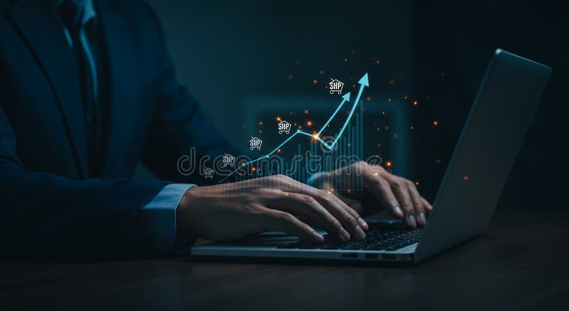 E-commerce Growth: Business Analysis & Strategy on Laptop, SHP Sales Upward Trend, Data-Driven ...