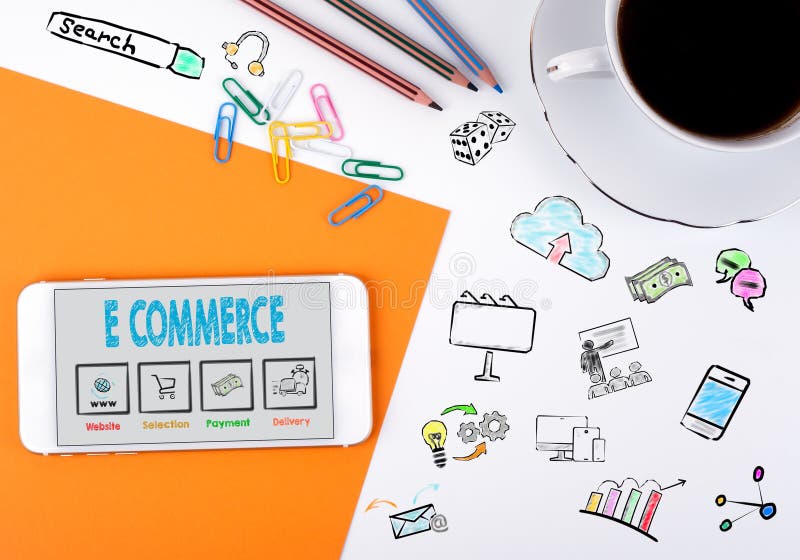 E Commerce. Mobile Phone and Coffee Cup on a White Office Desk Stock ...